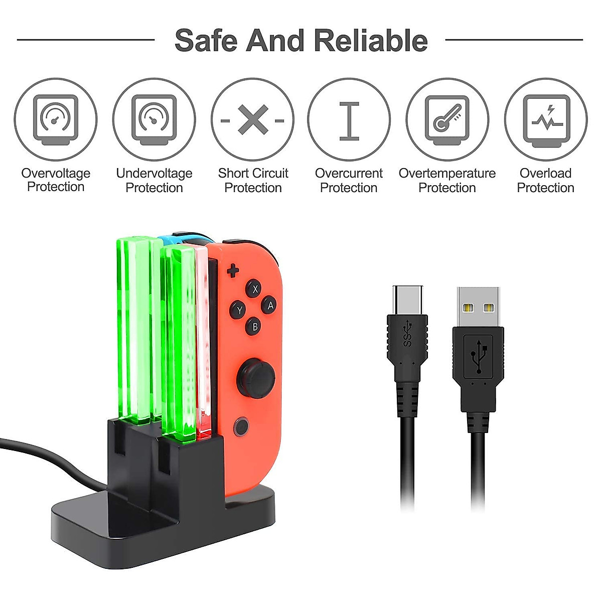 FastSnail Charging Dock and 2 Pack Switch Grips Kit for Nintendo Switch Joy Con & OLED Model, Charger Stand Station with Charging Cable, Wear-Resistant Grip Controller with 6 Thumb Grip