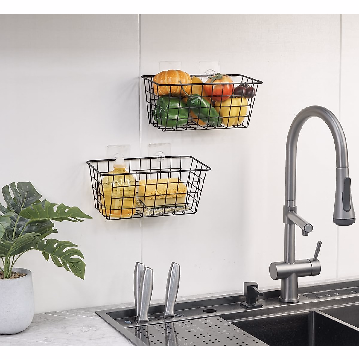 2 Pack Hanging Storage Basket, Bathroom Basket, Household Goods Storage Basket, with Traceless Tape, no Drilling, for Cabinet Storage, Kitchen, Bathroom, Storage Room (2 Black)