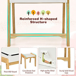 Costzon Kids Table and Chair Set, Wooden Lift-top Desk & Chair w/Storage Space, Safety Hinge, Gift for Toddler Drawing, Reading, Writing, Homeschooling, Children Activity Table & Chair (White)