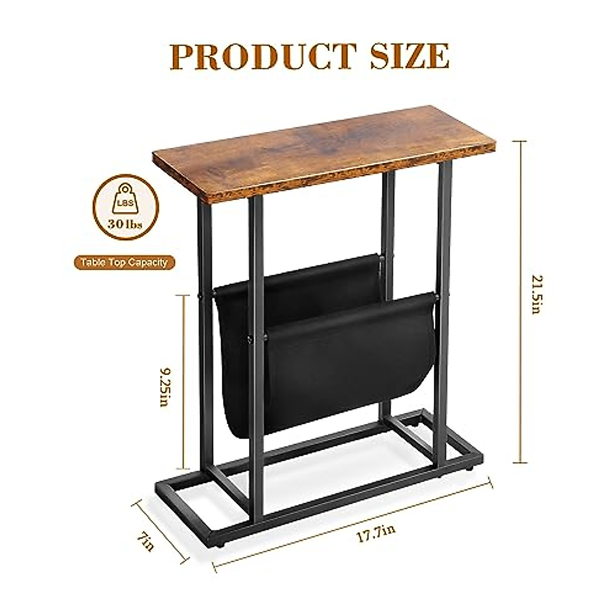 MULISOFT Side Table for Small Spaces, End Table with Magazine Holder, Narrow Side Table for Living Room, Small Table with Metal Frame, Small Bedside Tables for Bedroom, Slim Couch Side Table