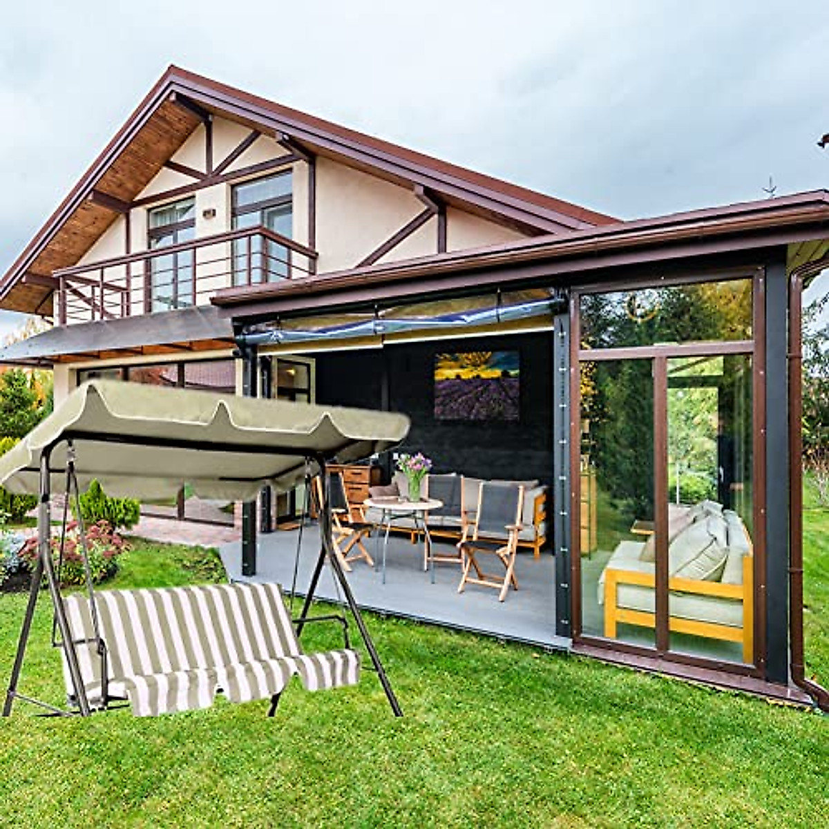 Swing Canopy Replacement Top, Outdoor Patio Swing Canopy Replacement, 3 Seat Swing Canopy Replacement Cover for Porch Patio Garden Seat (Beige/64 * 44 * 5.9)