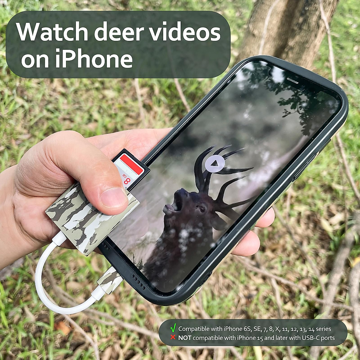 Trail Camera Viewer, Plug & Play for Hunters to View Images and Videos from Game Camera for iPhone 6S, SE, 7, 8, X, 11, 12, 13, 14 Series