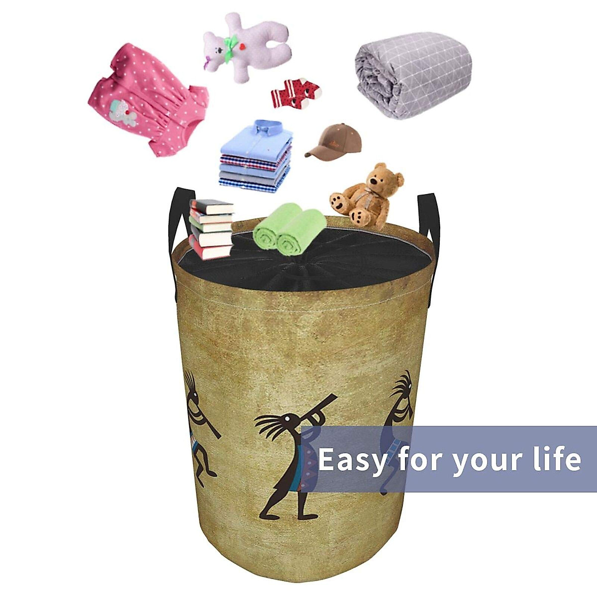 Janrely Large Round Storage Basket with Handles,Southwestern Southwest Native American Kokopelli Pattern,Waterproof Coating Organizer Bin Laundry Hamper for Nursery Clothes Toys 21.5"x 16.5"