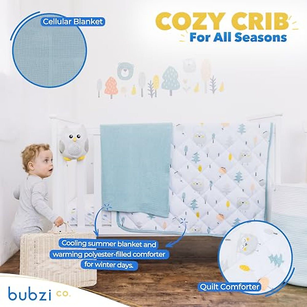 Crib Bedding Sets for Boys 5 Pieces Includes Baby Crib Sheets x2, Cotton Quilt, Baby Blanket & Bonus Wall Decal Set