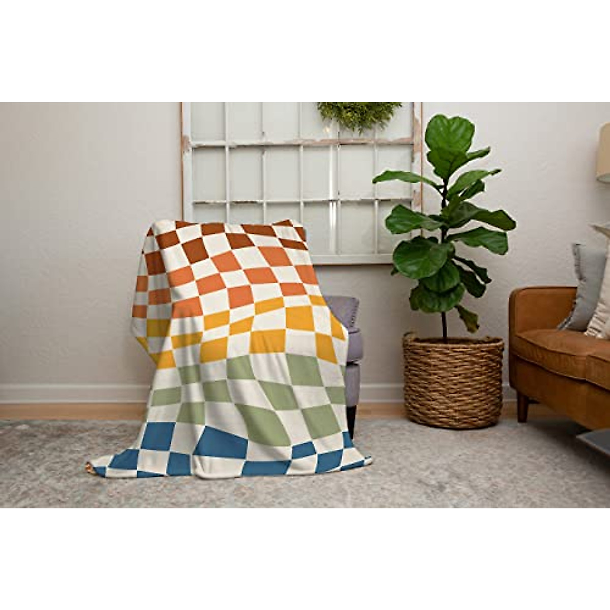 Checkerboard Throw Blanket,Ultra-Soft Flannel Blanket,Colorful Twist Blanket for Couch,Abstract Grid Fuzzy Throw Blanket,Lightweight Blanket for All Seasons Sofa,(Gradient,Blue and Brown 49"x 61")