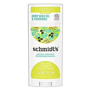 Schmidt's Sensitive Skin Natural Deodorant with Hemp Seed Oil For 24 Hour Odor Protection Patchouli + Hops Aluminum Salt Free, Vegan, Certified Cruelty Free, 3.25 oz