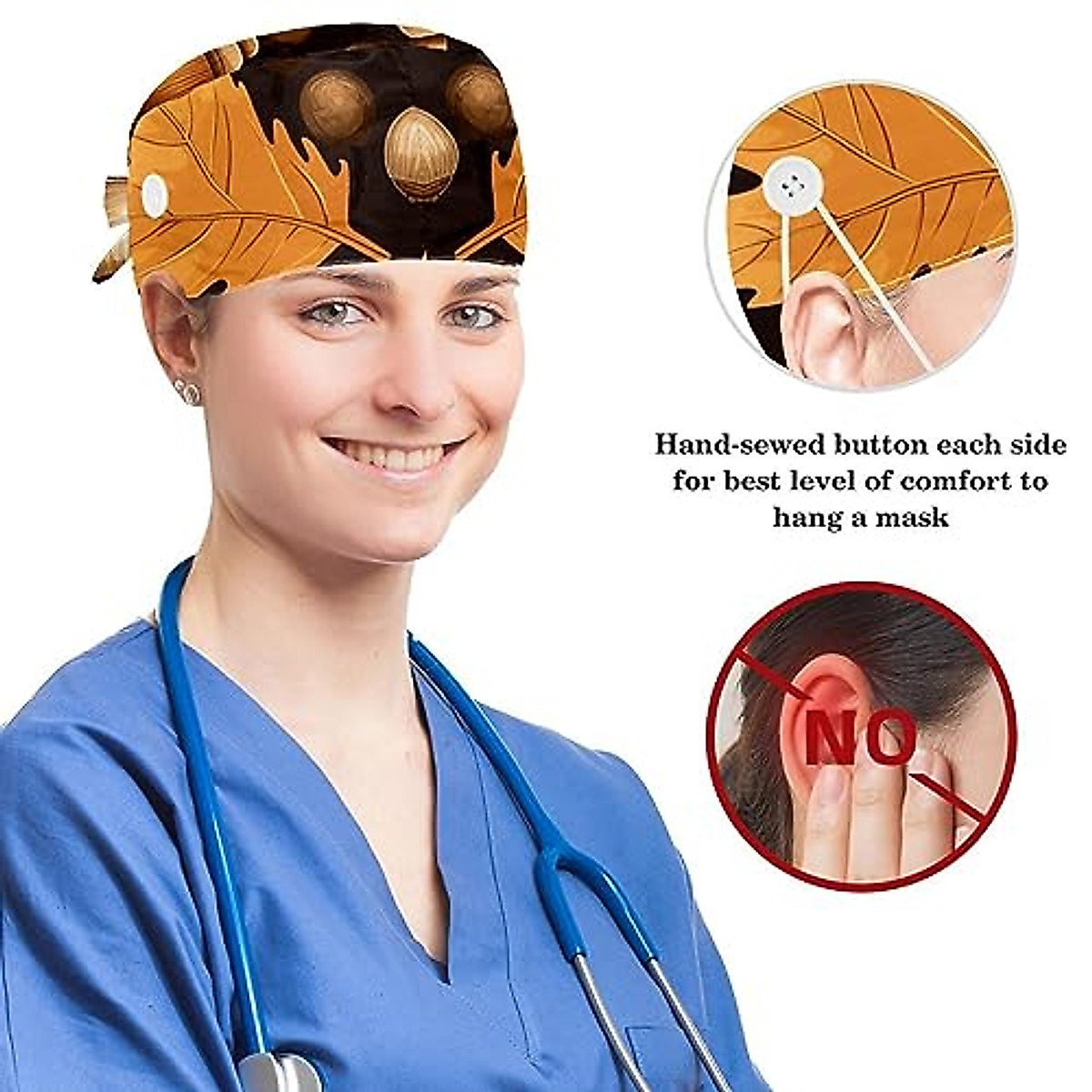 Happy Thanksgiving Acorns Bouffant Working Cap with Ribbon Tie for Women Long Hair, Scrub Surgical Hat, One Size Head Cover