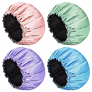 Aquior Shower Cap, 4-Pack Bathing Reusable Shower Caps for Long Hair Women, Double Layers Premium Sumptuous Silky Satin 100% Waterproof Shower Cap Extra Large