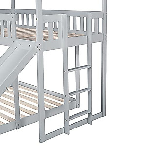 GLORHOME Twin Over Full House Bunk Bed， Detachable to Floor Bedframe and A Loftbed, with Slide, Built-in Ladder,Full-Length Guardrail for Kids Adults,Roof can be Decorated
