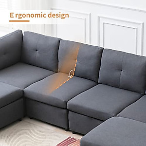 linor Modern U Shaped Convertible Sofa Couch, 118'' Modular Sectional Sofa with Tufted Back Cushion, 6 Seat Oversized Sectionals Sofa Couch with Ottomans for Living Room (Linen,Gray)