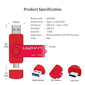 leizhan 32GB USB-C Flash Drive, Type-C USB Drive 3.0 for Samsung Galaxy Note10, S10,Note 9, S9, Note 8,S8,Google Pixel, Red