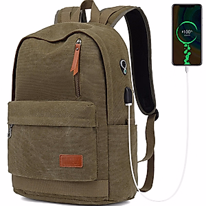 Canvas School Backpack, Waterproof computer Backpack with USB Charging Port, Vintage Durable Backpack for College Students, Travel Backpacks for Men & Women, Work Backpack Fit 15.6 Inch Laptop (Green)