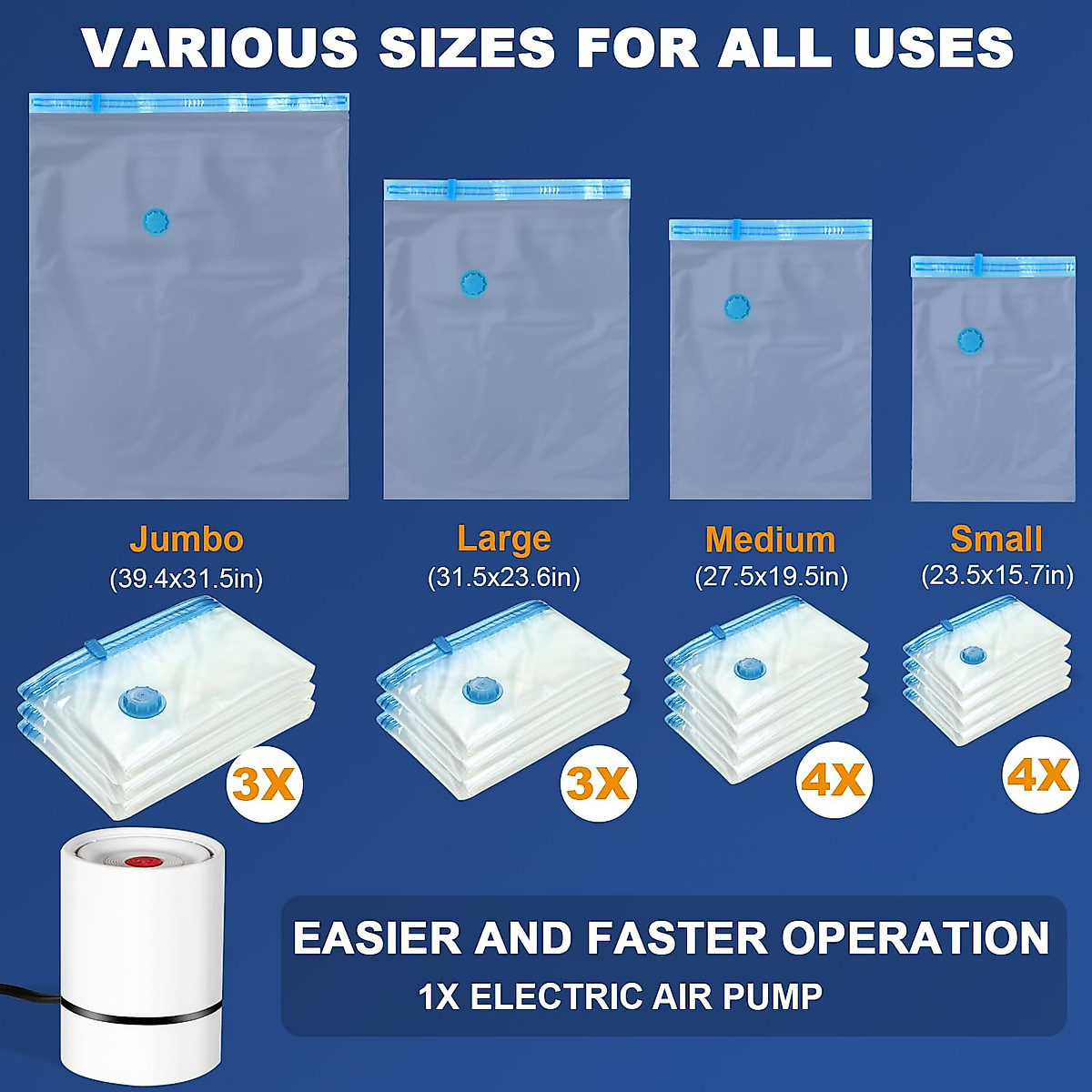 MAXSEEM Vacuum Storage Bags with Electric Pump, 14Pack Vacuum Seal Bags for Clothing, 3J/3L/4M/4S Compression Storage Bags, Space Saver Bags for Comforters, Duvet, Blankets, Coverlet, Quilt, Mattress