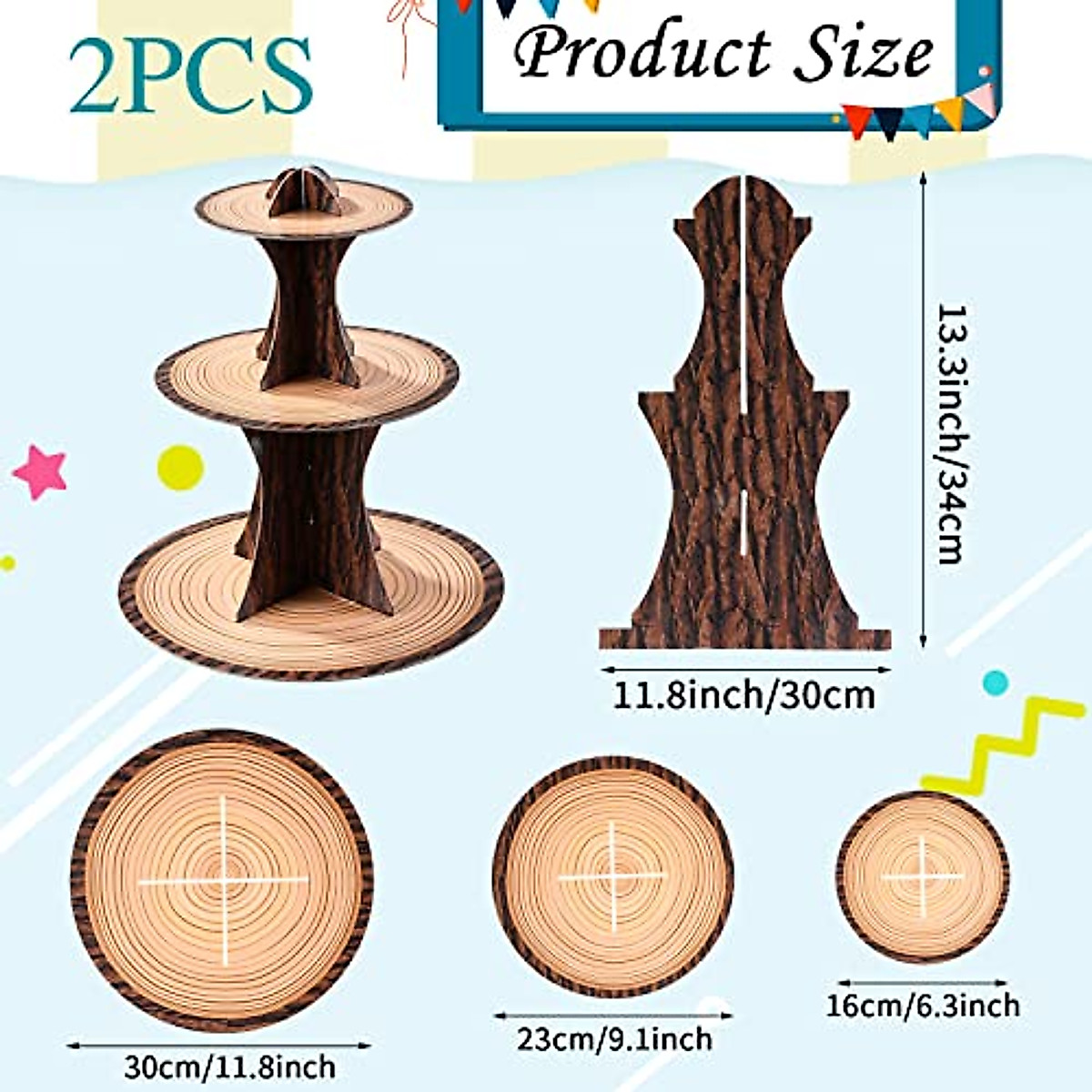 2 Pcs Wood Cupcake Stand, Woodland Baby Shower Decorations Wood Grain Birthday Party Supplies, 3 Tier Cardboard Wooden Cupcake Stand Tower Safari Rustic Jungle Cupcake Stand