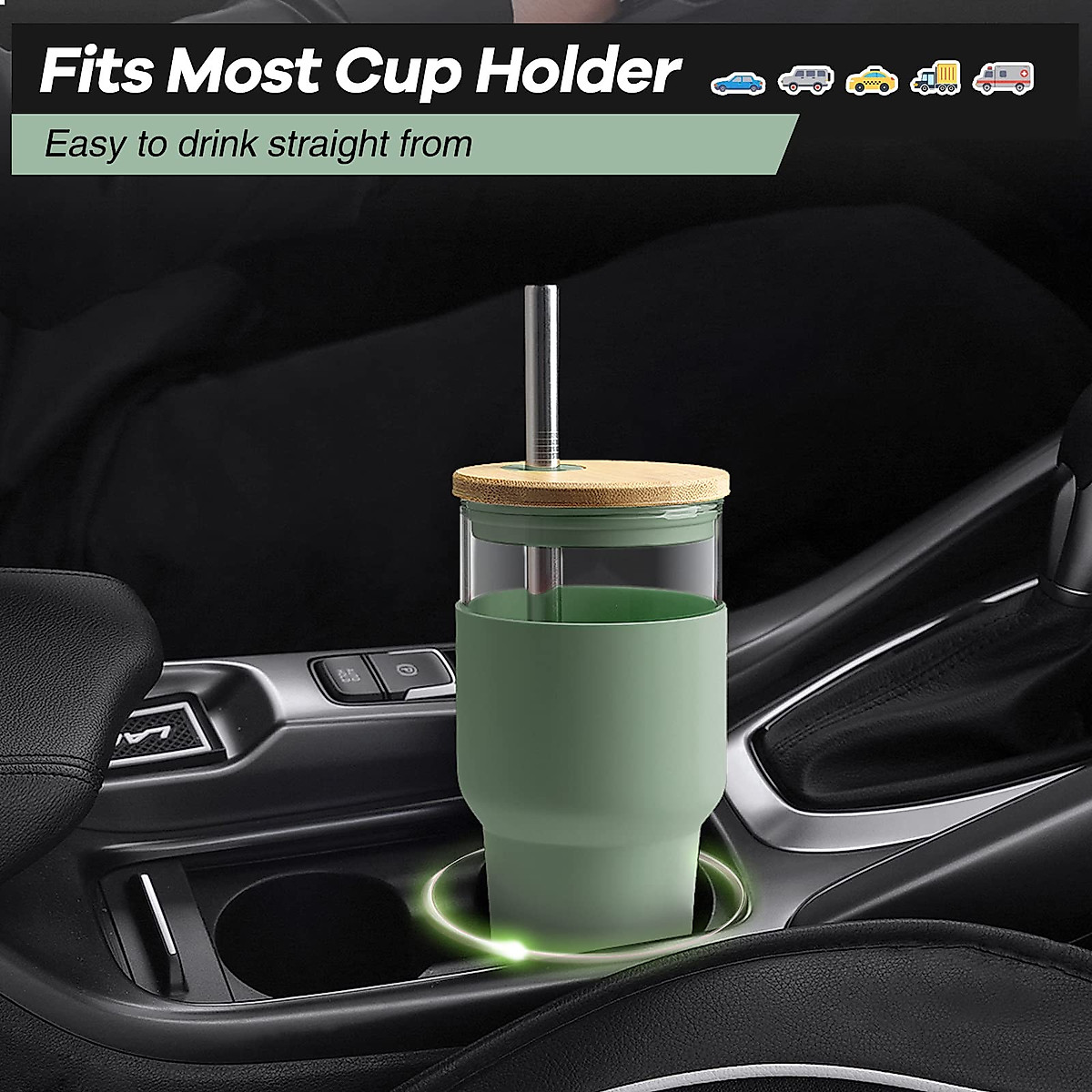 kytffu Tumbler with Lid and Straw, 24 oz Glass Tumbler Fits Cup Holder, Smoothie Cup Iced Coffee Tumbler for Bubble Tea, Water, Juice, With Silicone Sleeve Straw Cleaning Brush, Olive