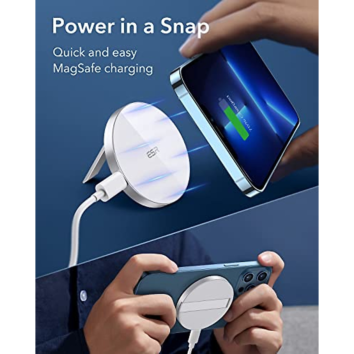 ESR HaloLock Kickstand Wireless Charger, MagSafe-Compatible Charger for iPhone 14/14 Plus/14 Pro/14 Pro Max and iPhone 13/12 Series, with 5 ft USB-C Removable Cable and 20W USB-C PD Adapter, White