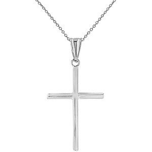 Jewelry America High Polished 14K White Gold Plain Slender Cross Pendant with Chain Necklace, 22"