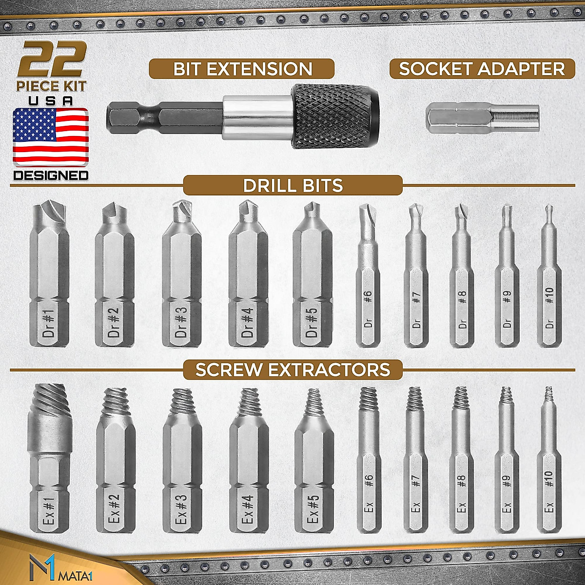 22 pc Screw Extractor Set for Stripped, Broken, Damaged Screws - Remover Kit w/Drill Bits Extractors, Bit Extension & Socket Adapter by Mata1