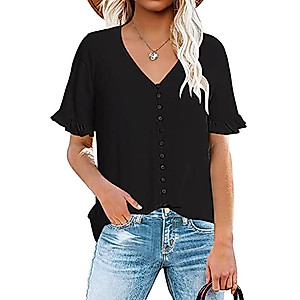 luvamia Women's V Neck Button Down Shirts Ruffle Short Sleeve Blouses Cute Summer Tops Black Size Large Size 12 Size 14
