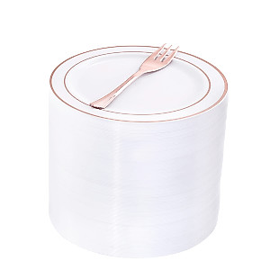 WELLIFE 240 Pieces Rose Gold Plastic Dessert Plates with Disposable Forks, Includes 120 Pcs Appetizers Plates 6.5 inch, 120 Pcs Rose Gold Forks, Perfect for Parties and Weddings