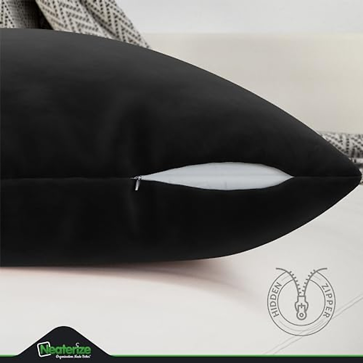 NEATERIZE Premium Velvet Pillow Covers 18x18 Black - Washable Decorative Fabric Throw Pillow Covers for Couch or Bed - Set of 2