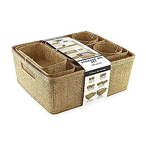 Isaac Jacobs 10-Piece Glitter Plastic Organizer (13.75” x 11.2” x 5.1”) Set w/Cut-Out Handles, Multi-Functional Home Storage, Desk, Office, Bathroom, Bedroom, Closet, Playroom (10-Piece, Gold)