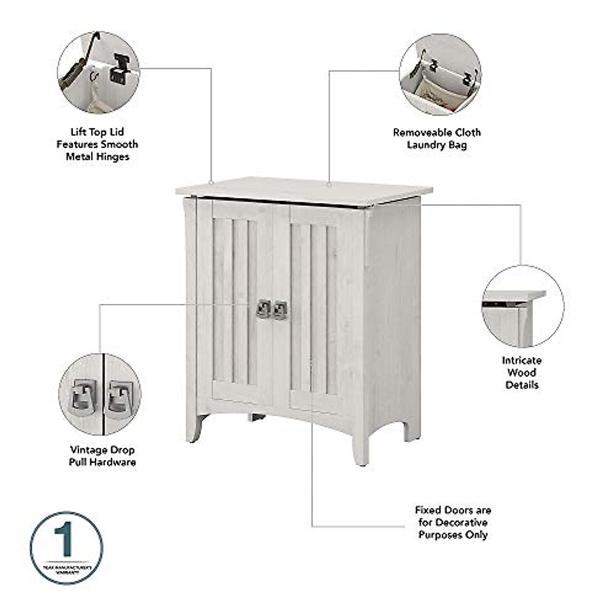 Bush Furniture Salinas Laundry Hamper with Lid and Removeable Liner Bag in Linen White Oak