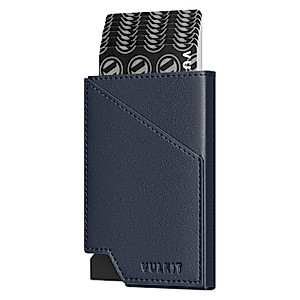VULKIT Pop up Card Wallet RFID Blocking Slim Aluminum Metal Bank Card Holder Case with Business Money Pocket for Credit Cards Notes and Coins (Navy)