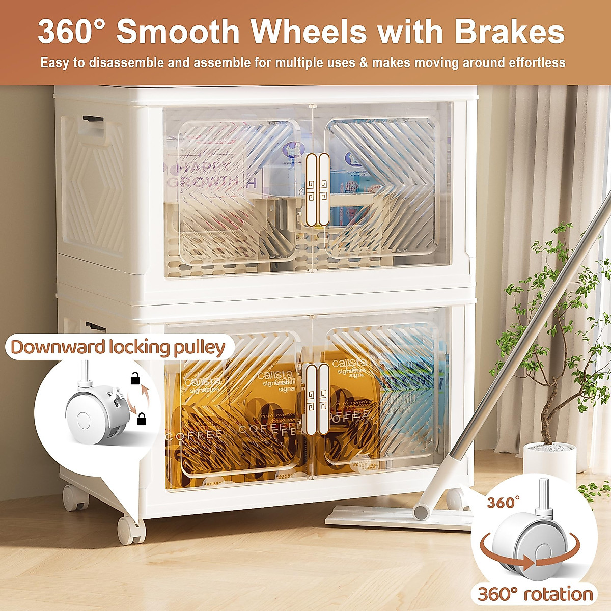 Foldable Storage Bins with Lids 76QT, Stackable Storage Containers with Wheels and Magnetic Doors, Plastic Clothes Closet Organizers and Storage Box for Room, Pantry, Home and Office (4 Pack)