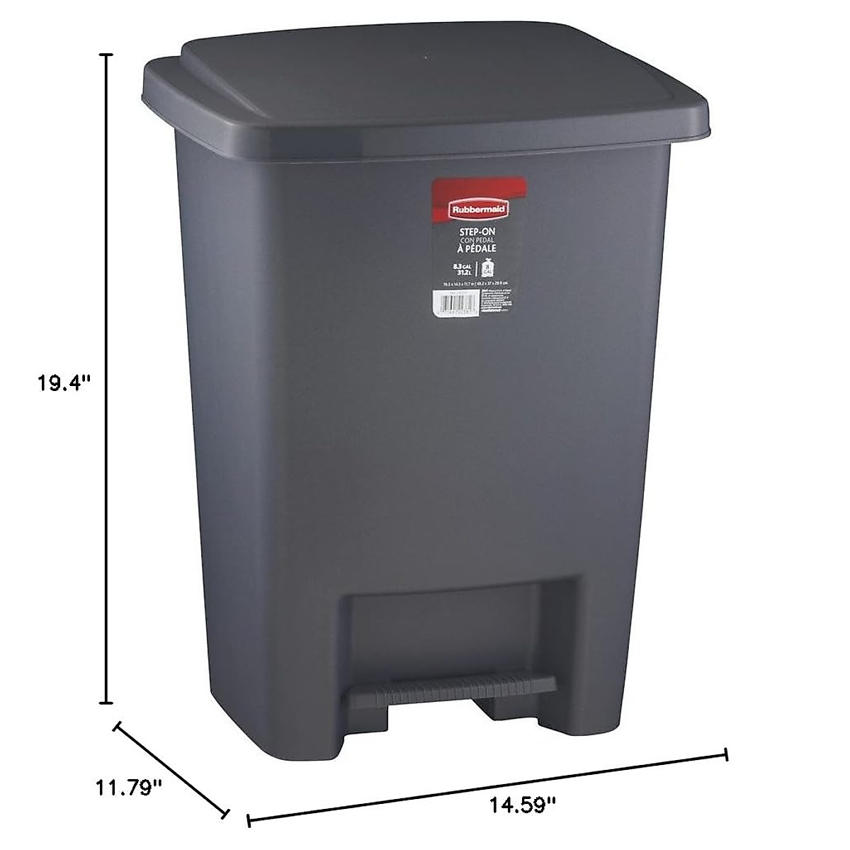 Rubbermaid Step-On Trash Can with Lid, 8.25-Gallon, Gray, Easy Clean Wastebasket for Home/Kitchen/Bedroom/Office