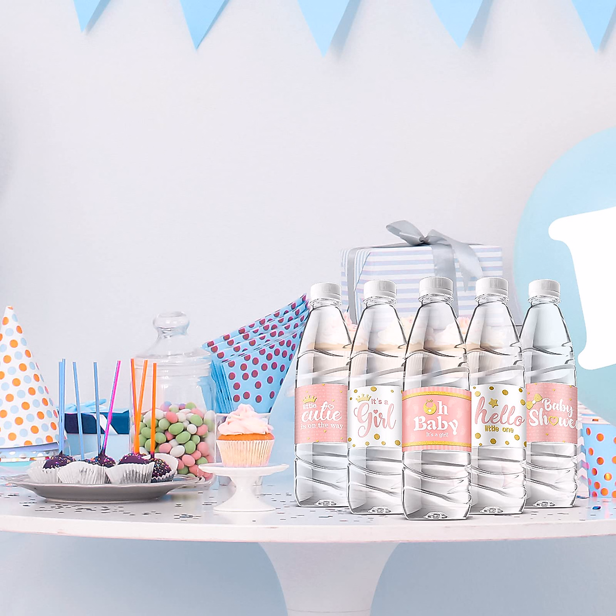 39 Pieces Baby Shower Water Bottle Labels Shower Water Bottle Stickers Wrappers Waterproof Baby Shower Labels for Baby Shower Party Decoration (Pink, Girl Style)