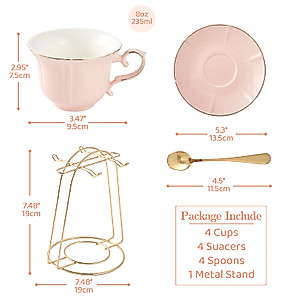 DUJUST Tea Cups and Saucers Set of 4 (8 OZ), Candy Pink Tea Cup Set with Golden Trim, Petal Edge Coffee Cups with Metal Stand, Simple Style Porcelain Tea Party Set - Pink