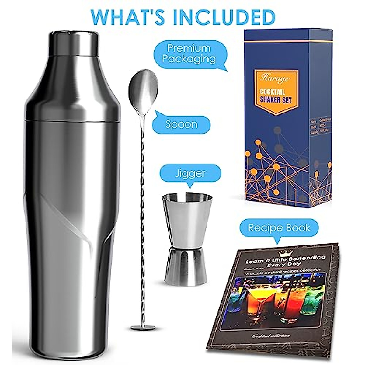 Cocktail Shaker Haraye Premium Vacuum Insulated Stainless Steel Martini Shaker Cocktail Shaker Bar Set 18/8 Drink Shaker Home Margarita Shaker Bar Shaker Alcohol Shaker Can be Used for Gifts