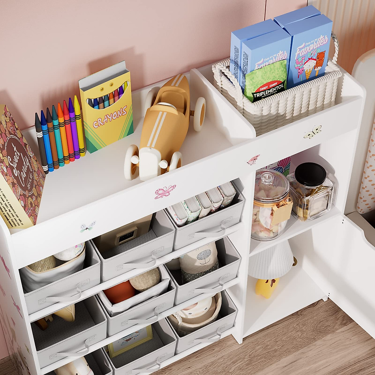 BOTLOG Kids Bookshelf, Toy Storage Organizer with Bookcase, Children's Toy Shelf with 9 Bins for Children's Room, Playroom, Hallway, Kindergarten, School White