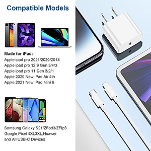 20W iPad Pro Fast Charger and 10ft USB C to C Charging Cable Cord Long for 2022/2021/2020/2018 iPad Pro 12.9/11/10.9 inch 5/4/3/2/1th Generation,iPad Air 5/4th,iPad Mini 6 Gen,iPad Wall Charger Block