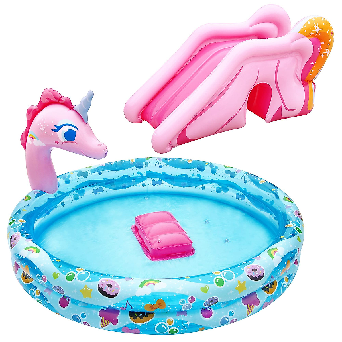 BANZAI Spray 'N Splash Unicorn Pool, Length: 78 in, Width: 60 in, Height: 32 in, Inflatable Outdoor Backyard Water Slide Splash Toy