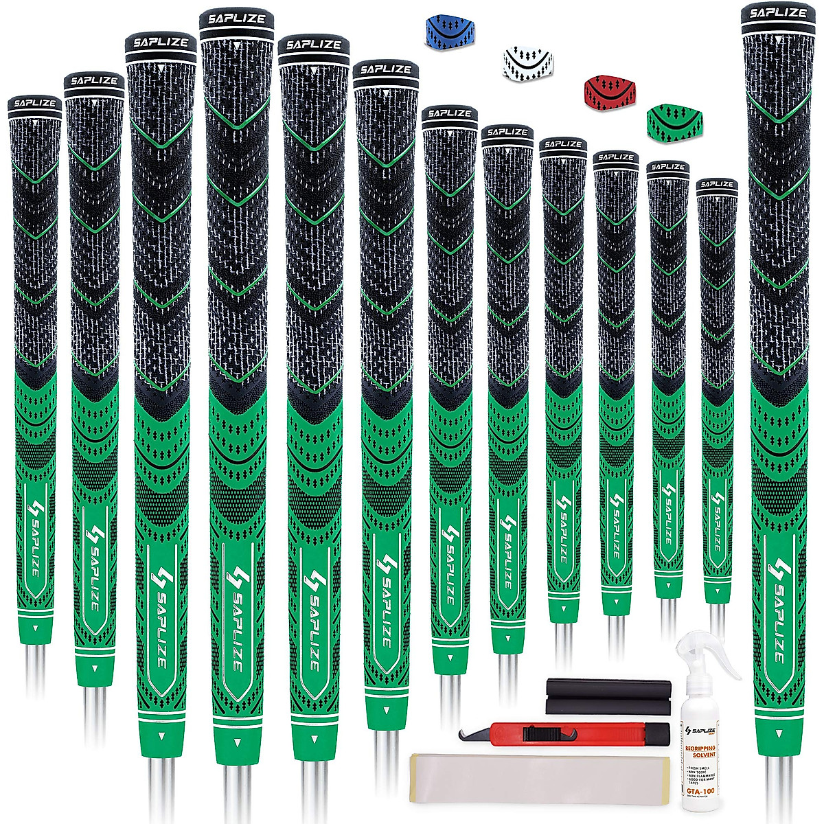 SAPLZIE Hybrid Rubber Golf Grips 13 Pack, All Weather Design, 13 Grips with All Kits, Multi-Compound Hybrid Golf Club Grips, CL04 Series, Standard Size, Green