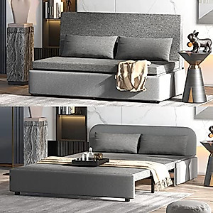 Mjkone Pull Out Sofa Bed, 2-in-1 Modern Convertible Sleeper Sofa Couch, Queen Size Linen Revesible Couch Bed with Cushions&Throw Pillows for Small Place/Apartment/Living Room/Office (Dark Gray)