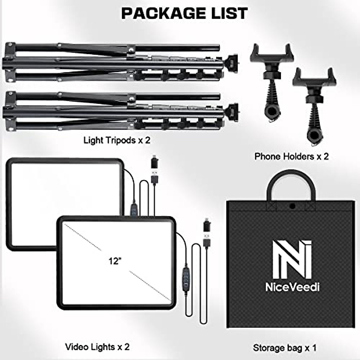 2-Pack LED Video Light Kit, NiceVeedi Studio Light, 2800-6500K Dimmable Photography Lighting Kit with Tripod Stand&Phone Holder, 73" Stream Light for Video Recording, Game Streaming, YouTube