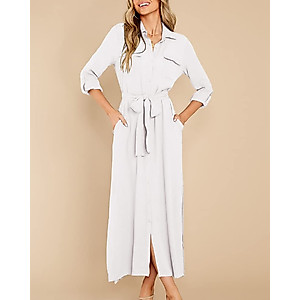 Fekermia Women's Button Down Maxi Shirts Dress- Casual Roll Up Long Sleeve Shirt Dress Slits Dresses White XX-Large