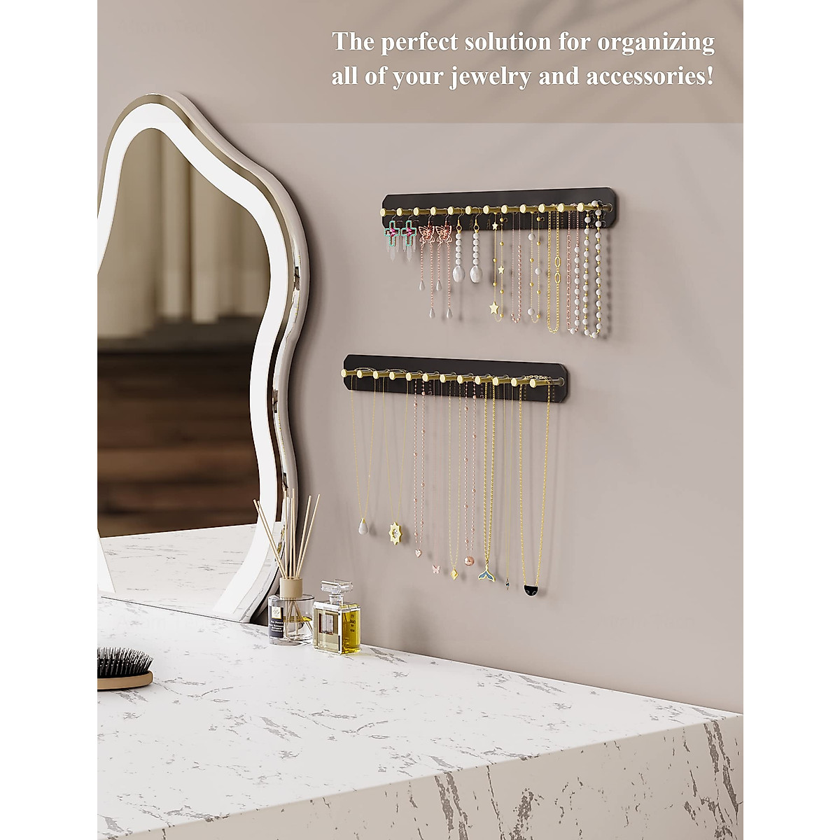 NiHome Wall Mounted Acrylic Jewelry Organizer 2-Pack, Durable Sleek Rack Strong Carbon Steel Hooks for Dressing Table, Bathroom, Kitchen, Hassle-Free Installation Multiple Mounting Options (Black)