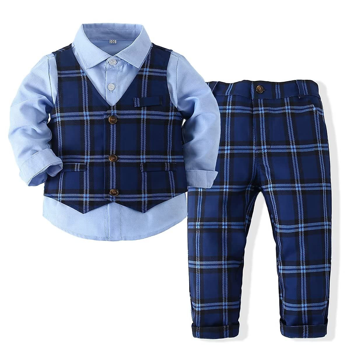 PureMilk Infant Tuxedo Long Sleeve Dress Suit Shirt + Blue Plaid Vest + Plaid Pants 3PCS Clothes Sets for Baby Boy Blue 12-18M