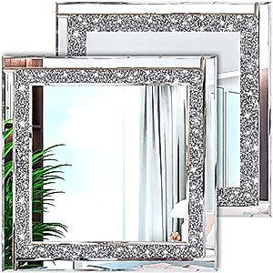 Meetart Crystal Crush Diamond Silver Mirror 12'' x 12'' 2PCS,Frameless Stylish Gorgeous Diamond Decor Glam Glass Mirror. for Bedroom Bathroom Hanging Mirror Home for Wall Decor.