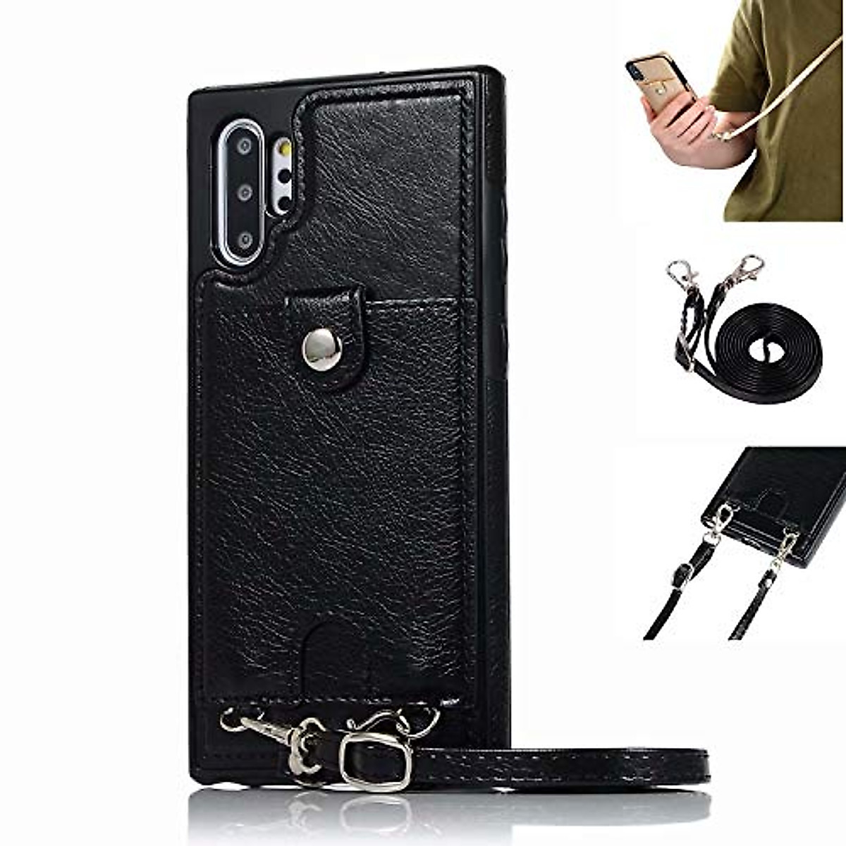 Jaorty PU Leather Wallet Case for Samsung Galaxy Note 10+ Plus/Pro/5G Necklace Lanyard Case Cover with Card Holder Adjustable Detachable Anti-Lost Neck Strap Case for Galaxy Note 10+/Pro/5G,6.8",Black