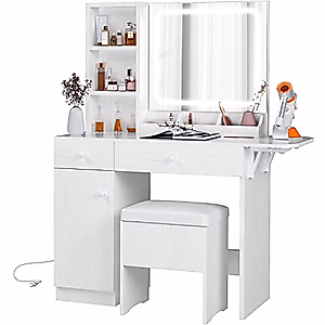 IRONCK Vanity Desk with LED Lighted Mirror & Power Outlet, Makeup Table with Drawers & Cabinet,Storage Stool,for Bedroom, White