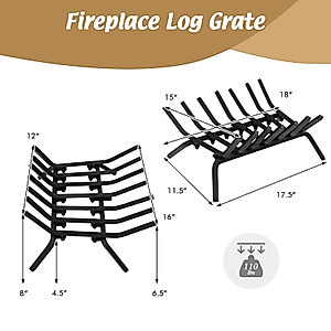 HAPPYGRILL 18 Inch Fireplace Log Grate, Heavy-Duty Solid Steel, Black, Firewood Burning Rack, Indoor Outdoor Use