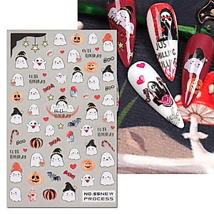 JMEOWIO 6 Sheets Pink Halloween Nail Art Stickers Decals Self-Adhesive Pegatinas Uñas Cute Skull Horror Ghost Witchy Spider Web Bat Spook Nail Supplies Nail Art Design Decoration Accessories