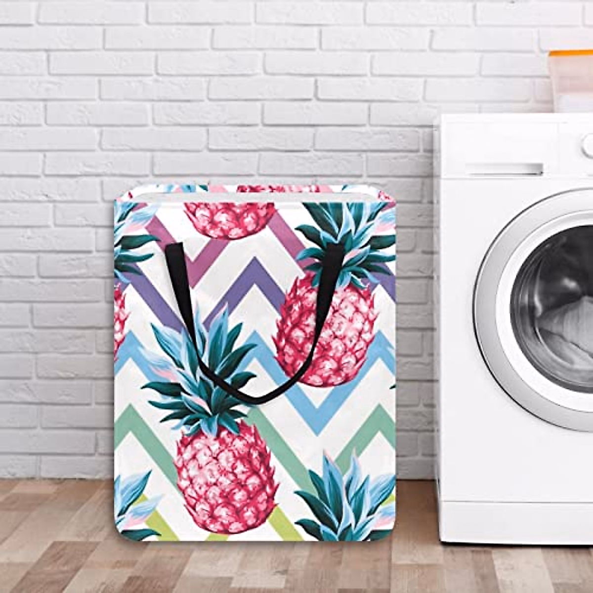 Pineapple in Chervon Print Collapsible Laundry Hamper, 60L Waterproof Laundry Baskets Washing Bin Clothes Toys Storage for Dorm Bathroom Bedroom