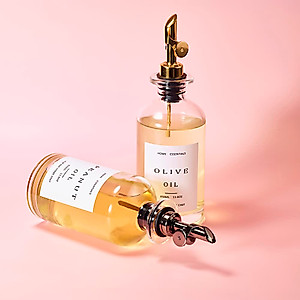 Olive Oil Dispenser Bottle for Kitchen, Coffee Syrup Dispenser w. Weighted Pourer, Glass Bottle Dispenser for Kitchen, Olive Oil Cruet, Glass Olive Olive Bottle | Set of 2 (Gold)