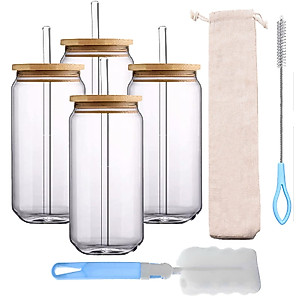 Beer Can Glass with Bamboo Lids and Glass Straws, Father's Day Gift Box 4 Pack 16oz Drinking Glasses with Lids and Straws, Can Shaped Glass Cups, Iced Coffee Cup, Beer Glasses (4pcs)